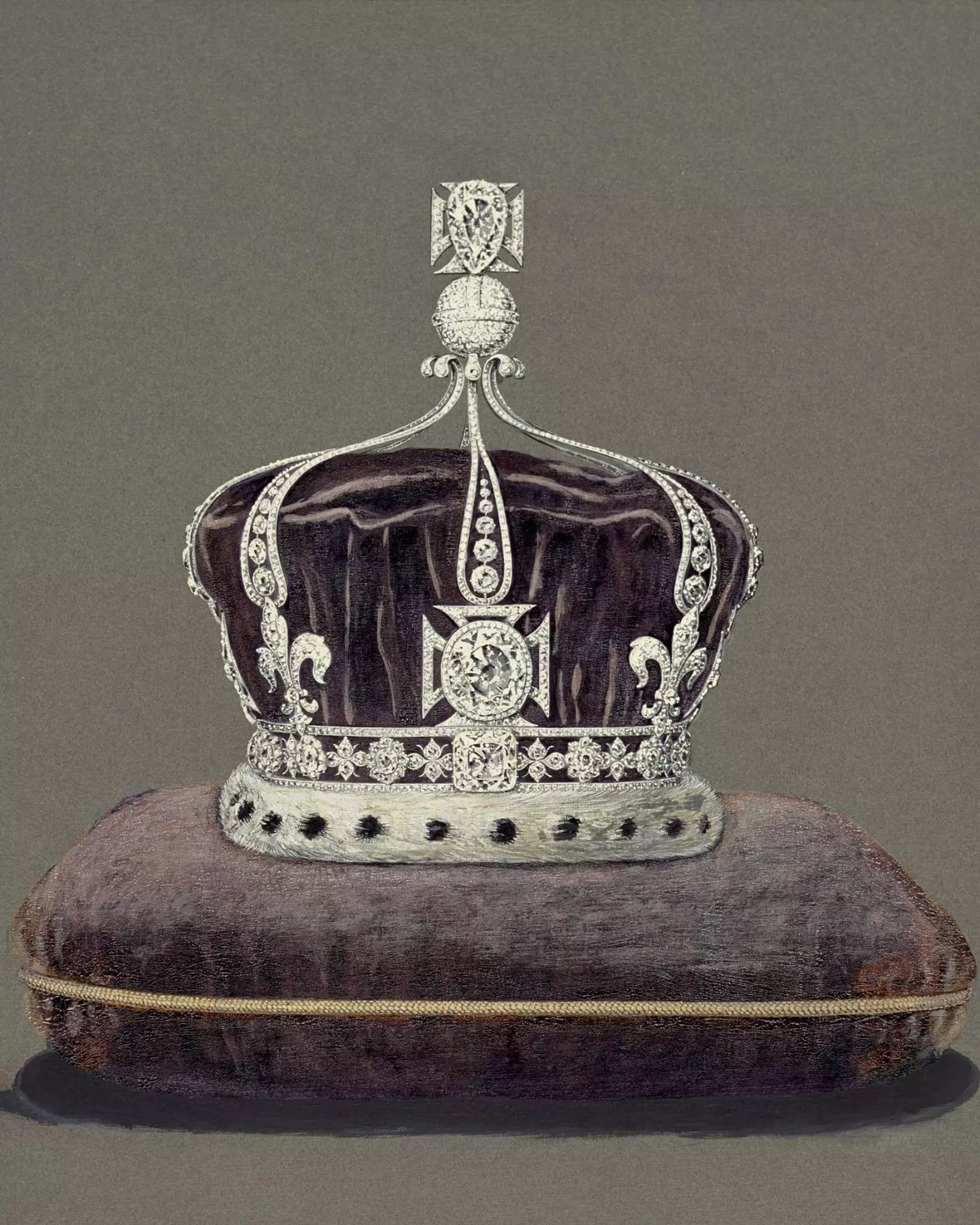 Schiță a coroanei lui Garrard a reginei mame cu diamantul KohiNoor.