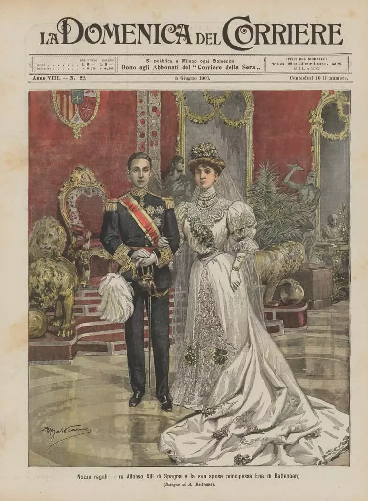 Illustration by Achille Beltrame of the wedding of Alfonso XIII and Victoria Eugenia of Battenberg.