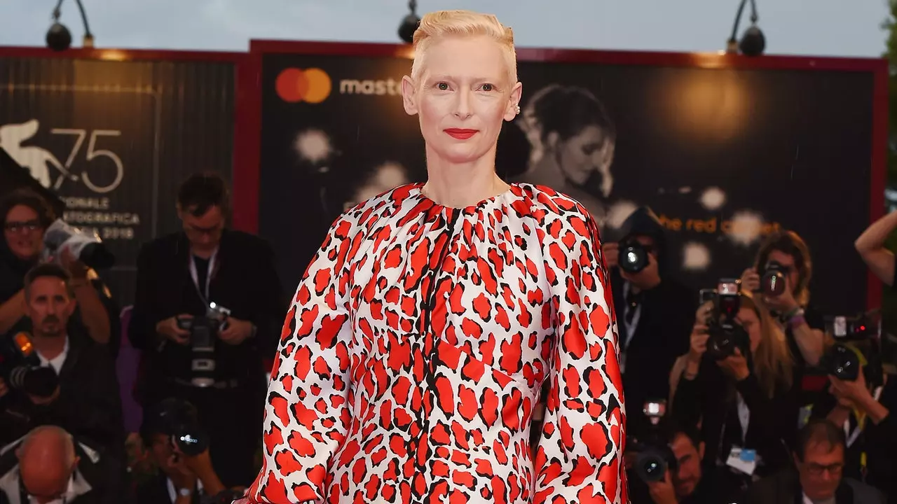 LookVF- Tilda Swinton သည် သူမ၏လက်ပေါ်တွင်ပင် 'တိရိစ္ဆာန်ပုံနှိပ်' ကိုဝတ်ထားသည်။