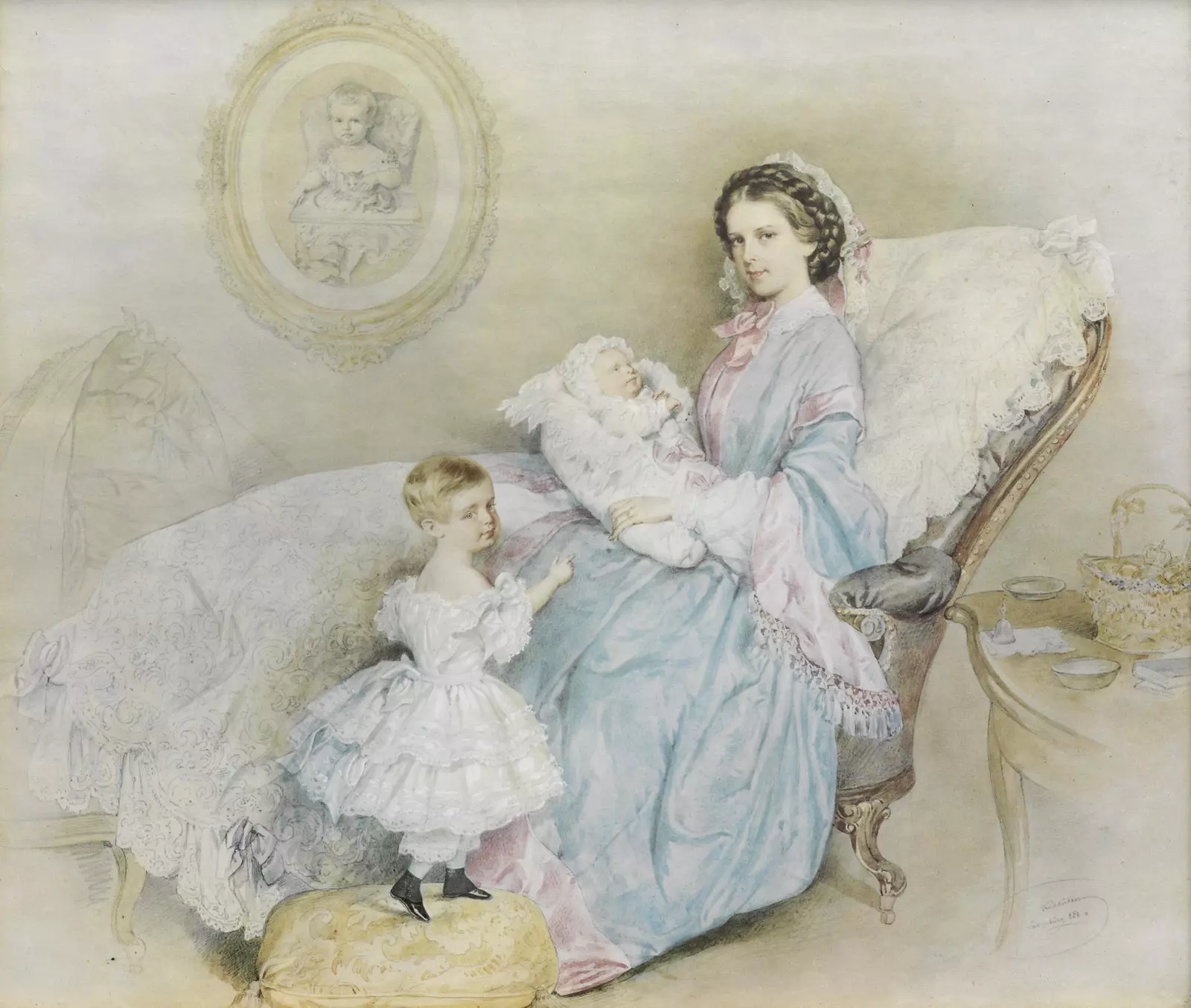 Kejsarinnan Elisabeth med sina två barn och ett porträtt av den framlidna ärkehertiginnan Sophie Friederike 1858