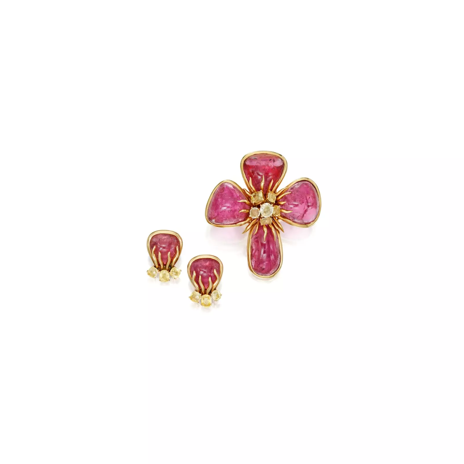 Pink tourmaline na ọla ntị sapphire na-acha odo odo na brooch setịpụrụ nke Italian Fulco di Verdura na...