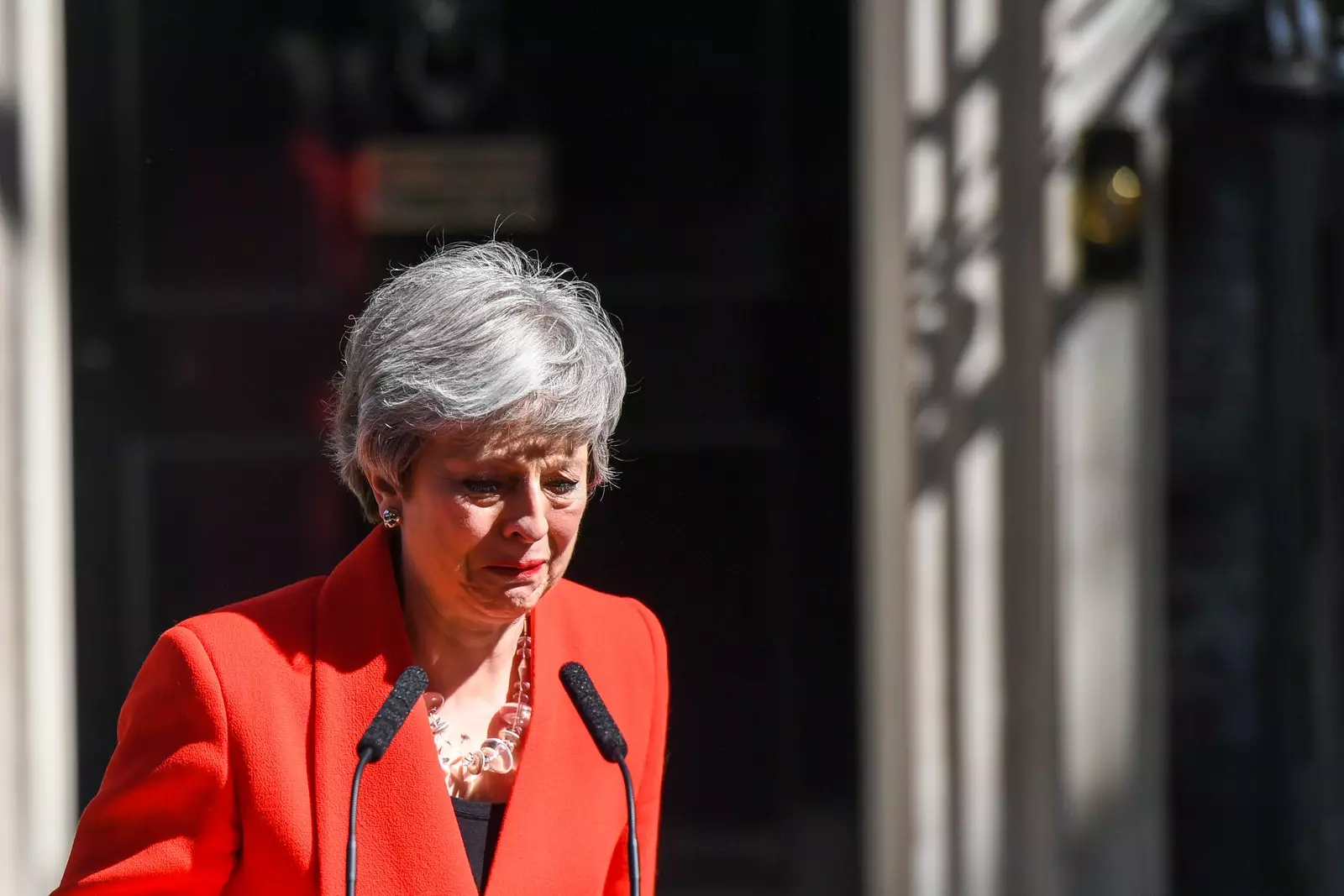 Theresa May op 24 mei 2019, de dag dat ze haar ontslag aankondigde.