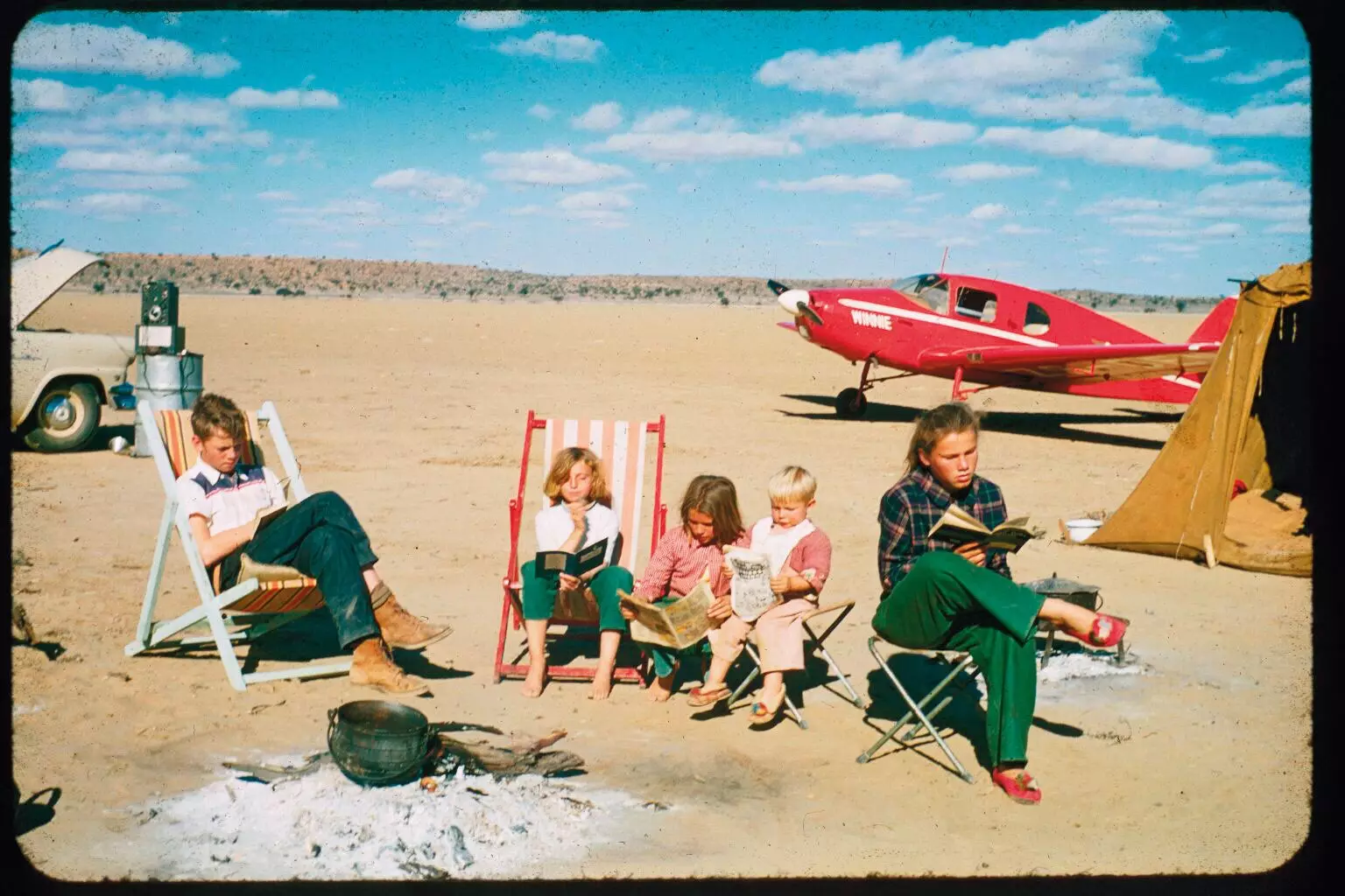 Ella in the Kalahari desert with her family in 1956.