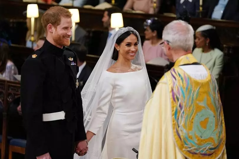 Duke na Duchess wa Sussex mugihe cy'itorero riyobowe na Arkiyepiskopi wa Canterbury Justin Welby kuri ...