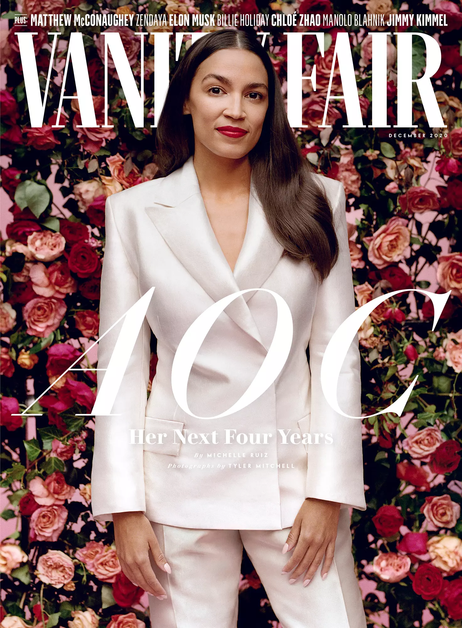 Alexandria OcasioCortez kouvri nan Vanity Fair USA nan yon kostim blan nan onè nan sufrajèt yo.