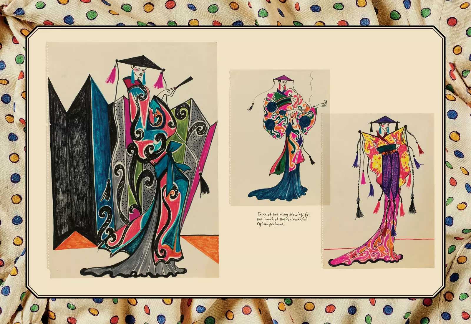 سه طرح از طرح های متعددی که سنت لوران برای عرضه عطر جنجالی Opium کشیده است.