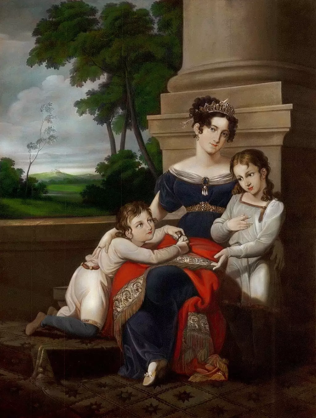 Printsess Louise’i portree koos kahe lapsega vahetult enne õukonnast pagendust