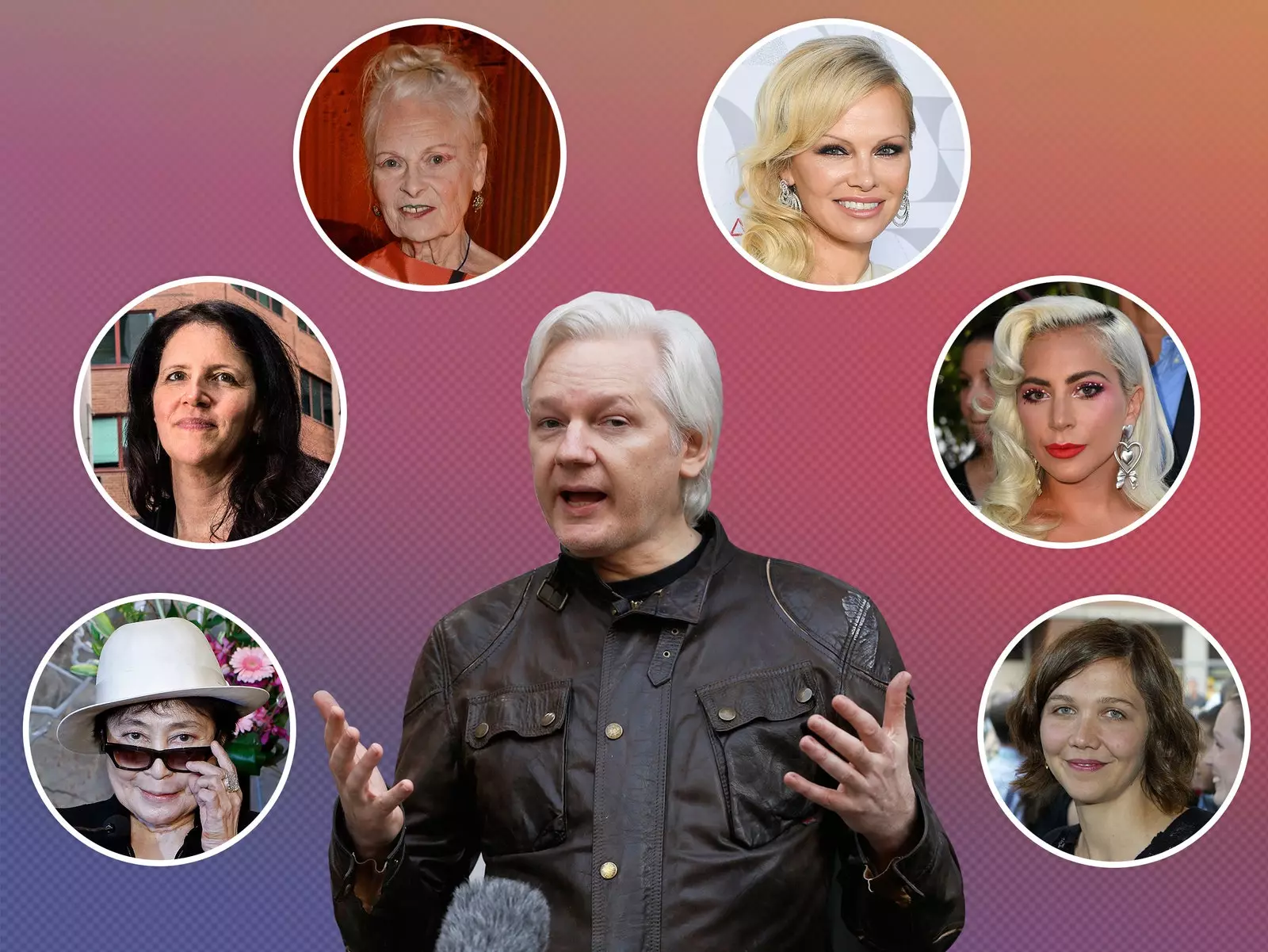 Mərkəzdə Julian Assange, Yoko Ono Laura Poitras Vivienne Westwood Pamela Anderson Lady Gaga və Maggie ilə əhatə olunub...