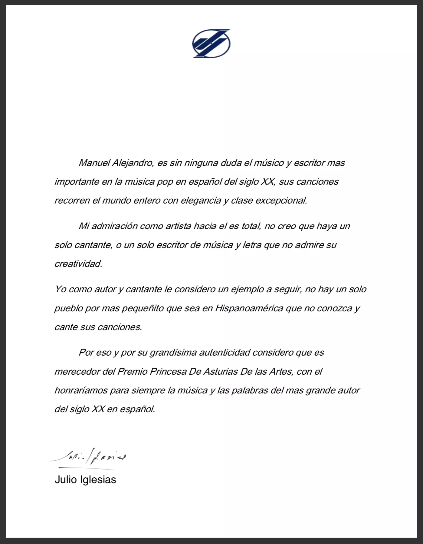 Liham mula kay Julio Iglesias bilang suporta kay Manuel Alejandro bilang kandidato para sa Prinsesa ng Asturias Award para sa Sining