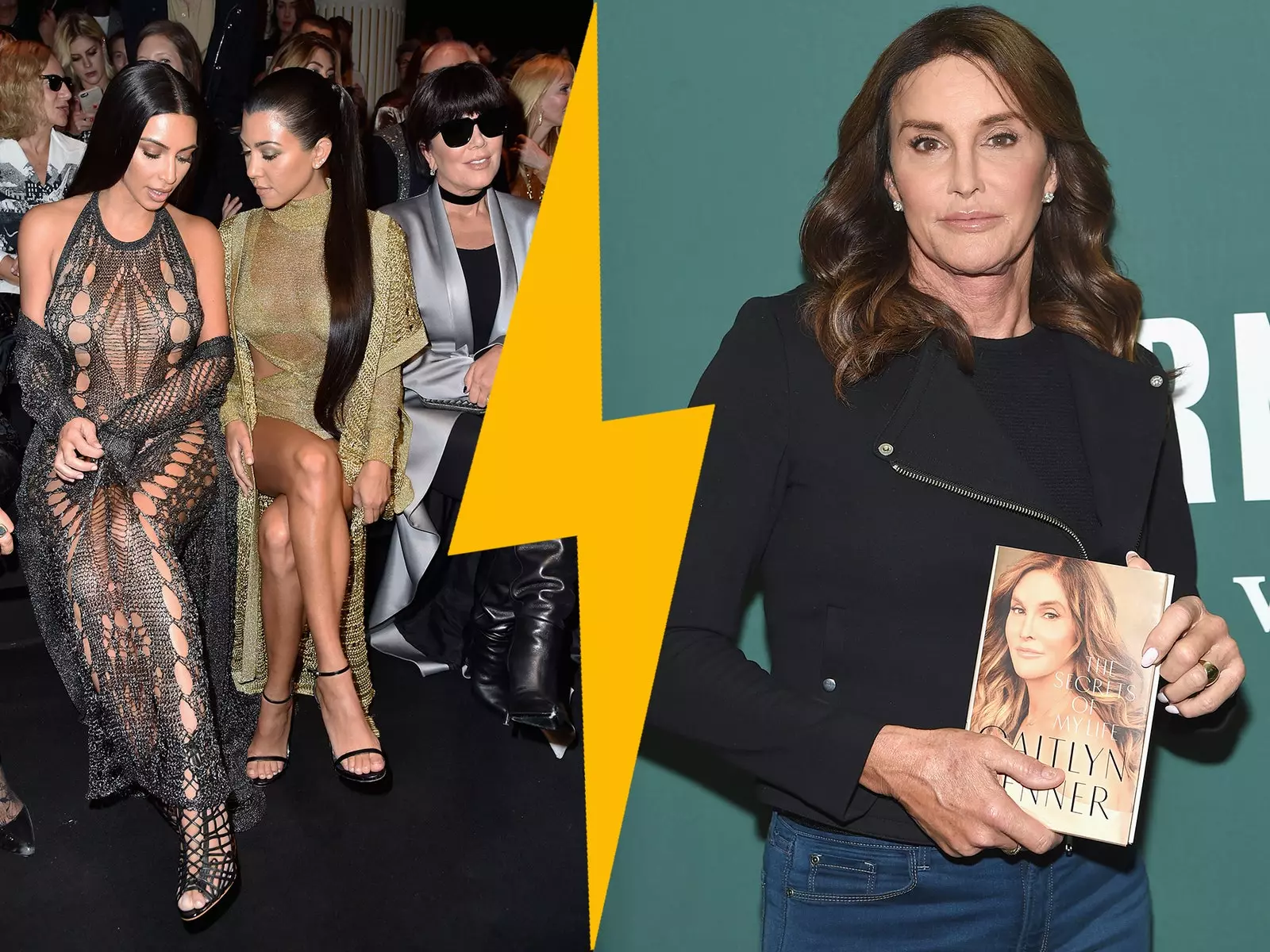 Sa kaliwa si Kris Jenner kasama ang kanyang mga anak na babae na sina Kim at Khloe. Sa kanan, nag-pose si Caitlyn Jenner kasama ang aklat na pinakawalan...