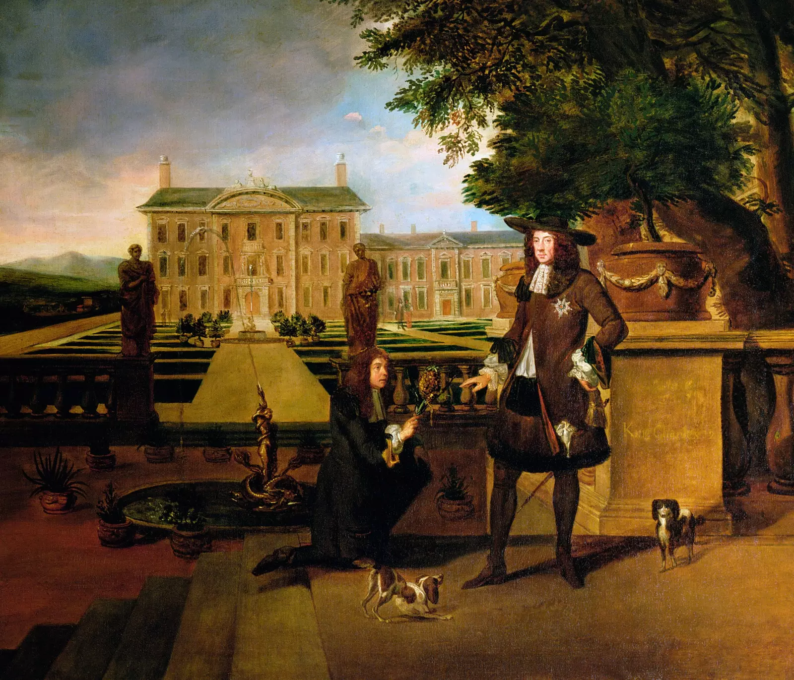 Maleri av Hendrick Danckerts som viser Royal Gardener John Rose som tilbyr Charles II av...