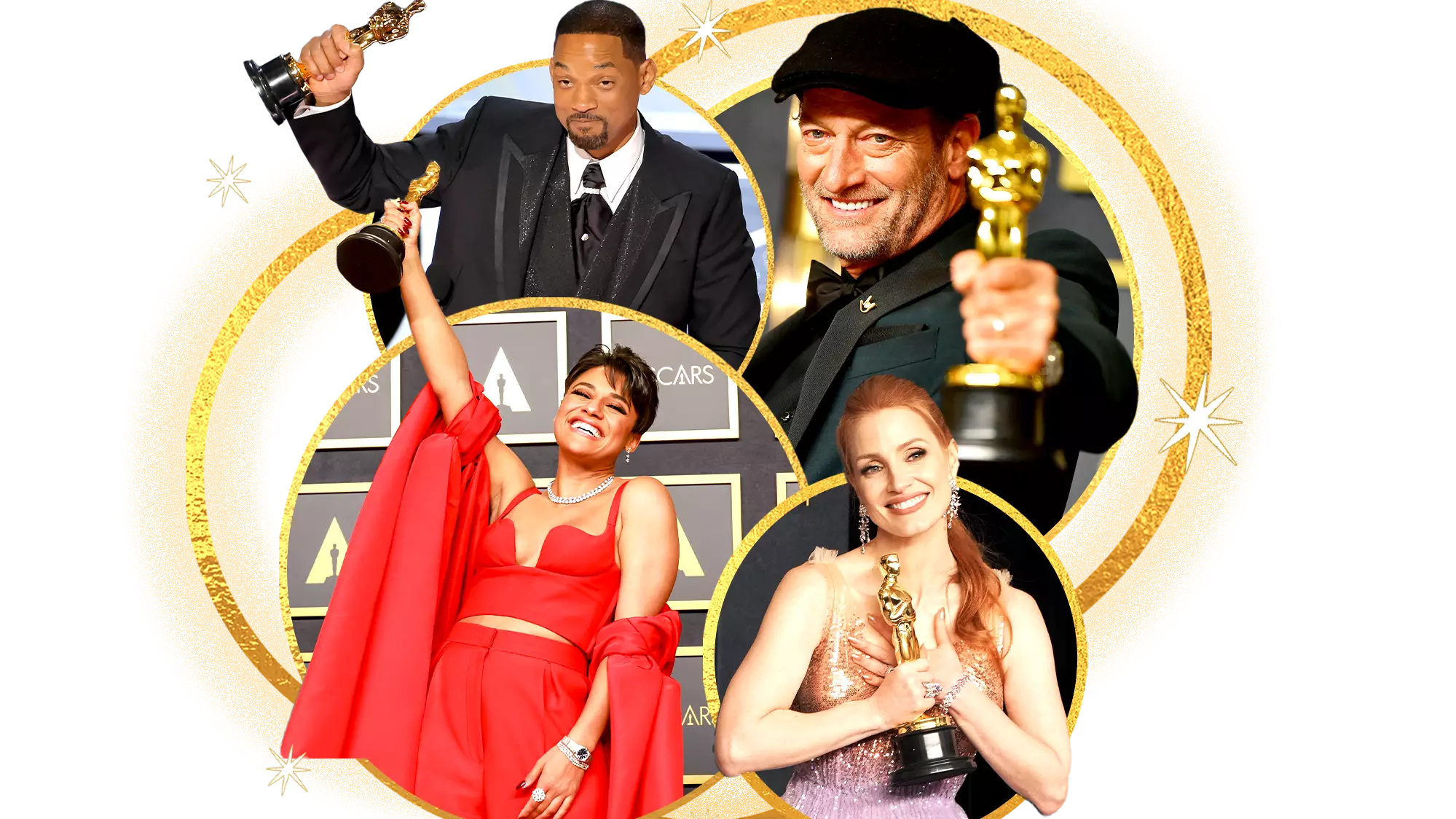 Troy Kotsur Will Smith Collage Jessica Chastain ۽ Ariana DeBose