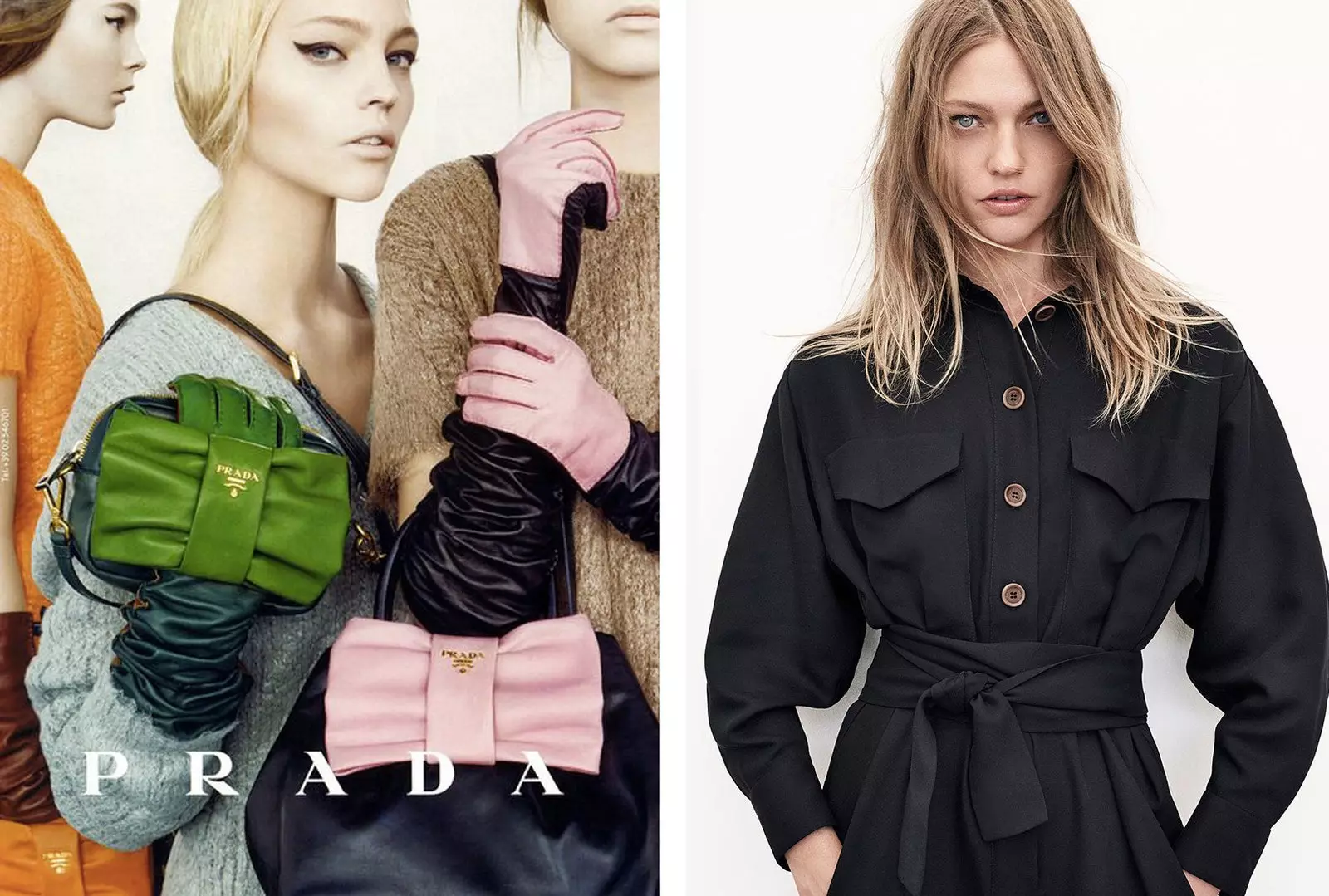 Sasha Pivovarova ar gyfer Steven Meisel yn Prada ac yng nghatalog ar-lein Zara