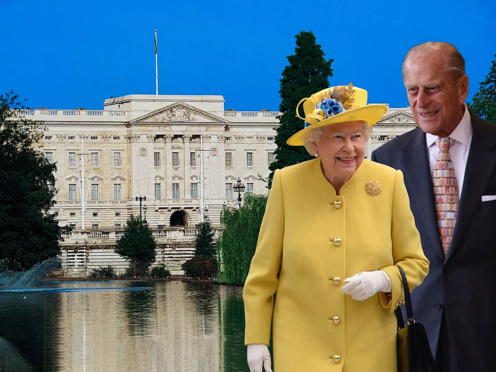 Dronning Elizabeth II og hertugen af Edinburgh. Buckingham Palace i baggrunden.