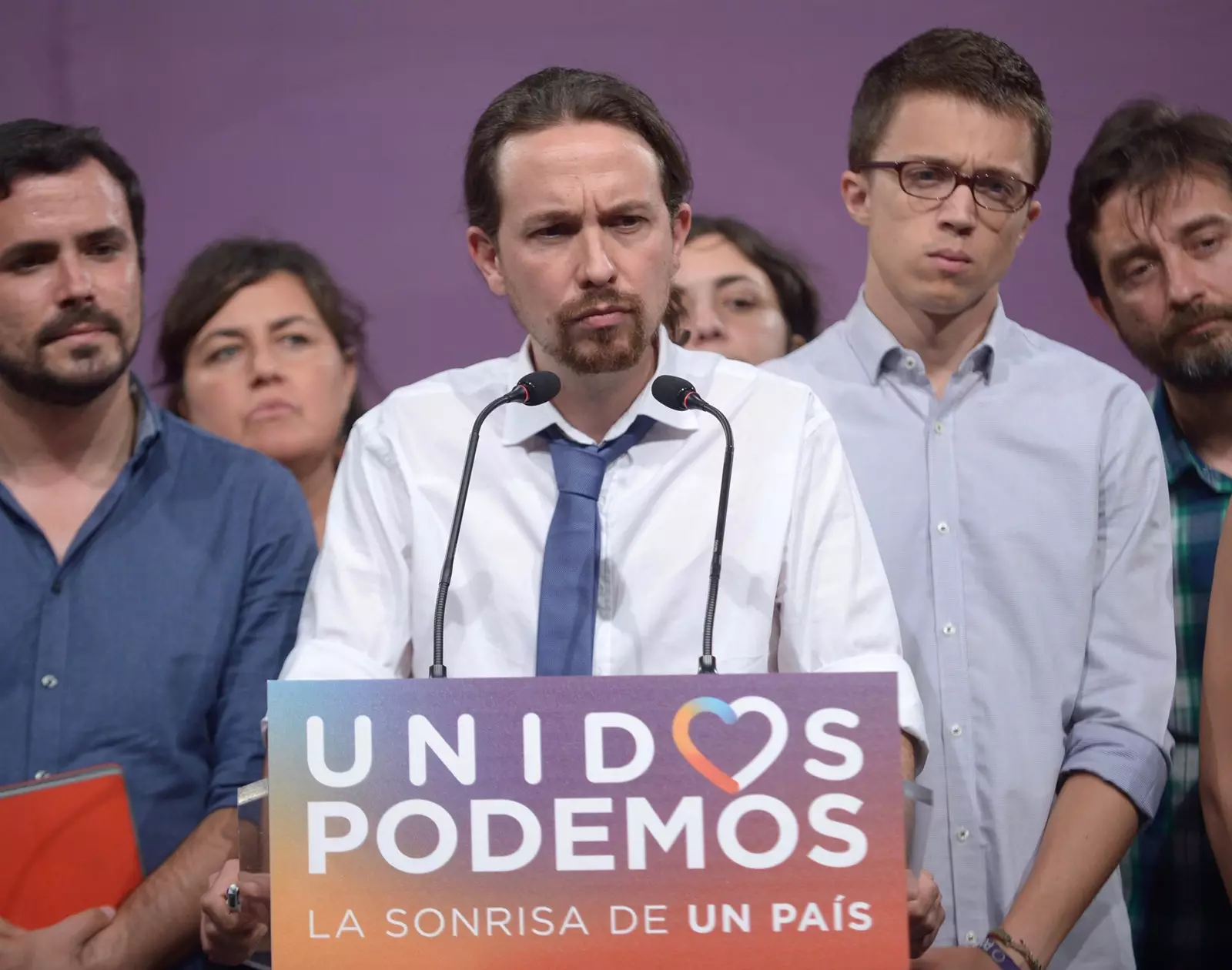 Os líderes do Unidos Podemos durante sua aparição em 26 de junho.