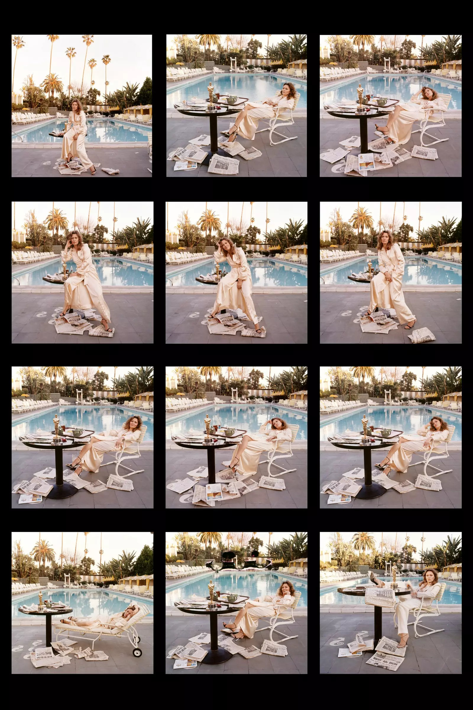 Faye Dunaway a Beverly Hills Hotel medencéjében azután, hogy elnyerte az Oscar-díjat a „Network a World...