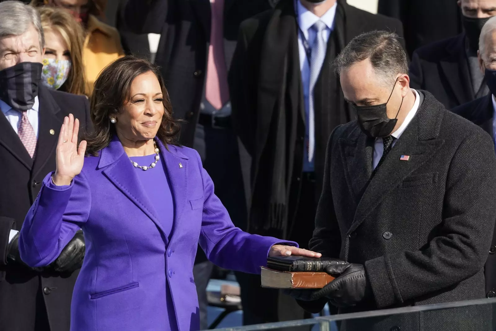 Kamala Harris is sworn in as Vice President of the United States. Next to her is her husband Douglas Emhoff.