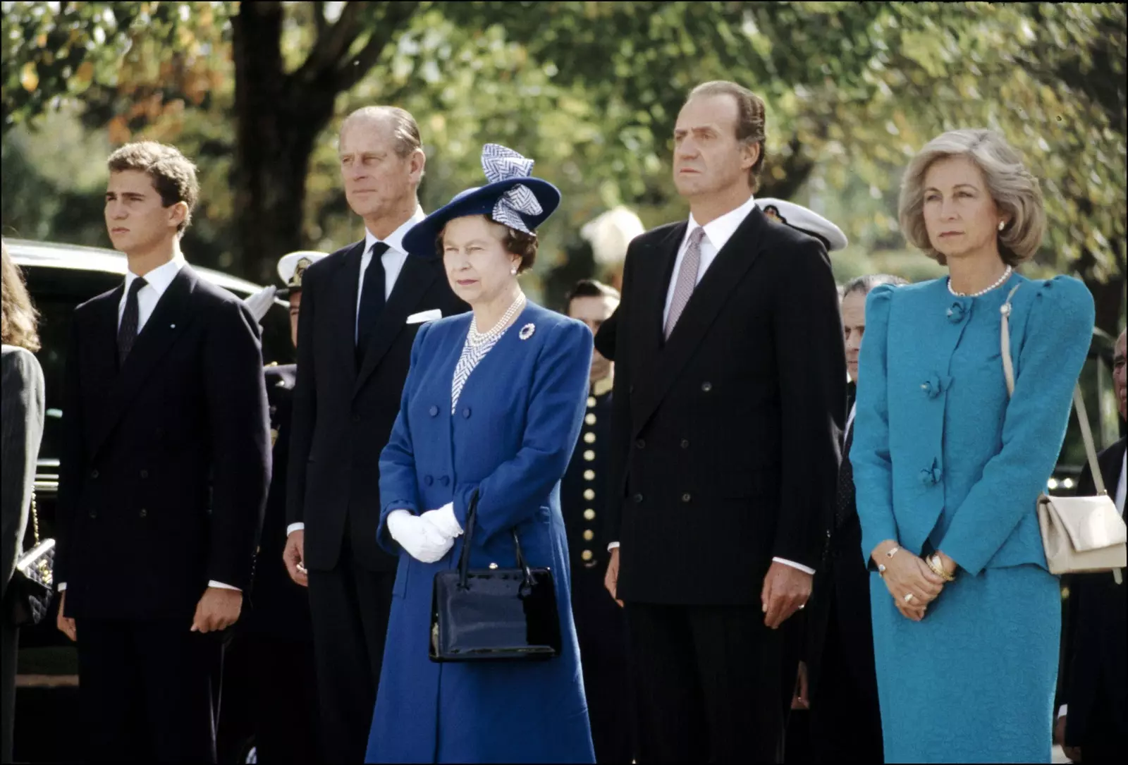 The Prince of Asturias, the Duke of Edinburgh, the Queen of the United Kingdom and the King and Queen of Spain at El Pardo.