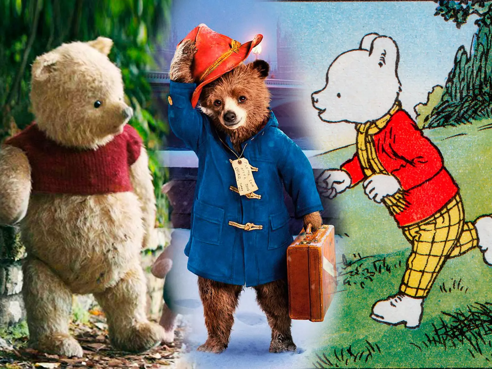 Zľava doprava Macko Pú Paddington a Rupert Bears z príbehu „Made in Britain“.