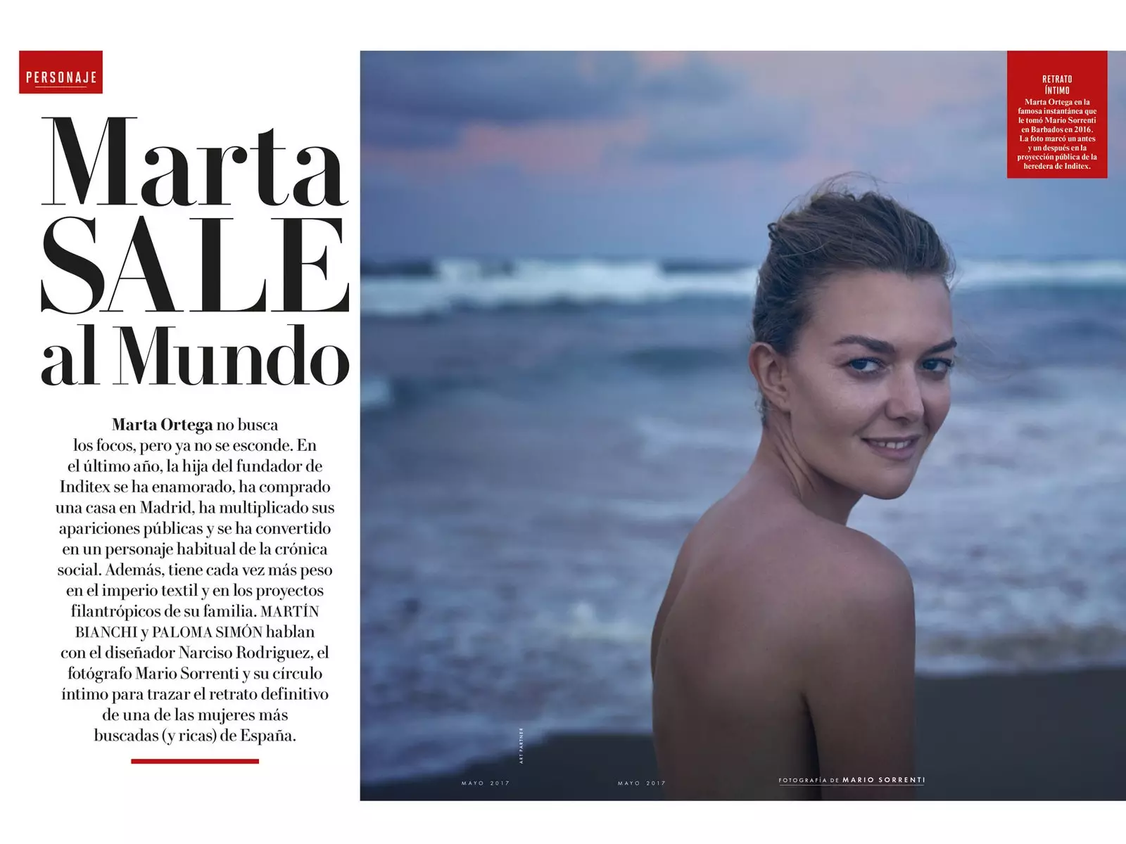 Marta Ortega på en strand i Barbados fotografert av vennen Mario Sorrenti ved åpningen av utgaven vår.