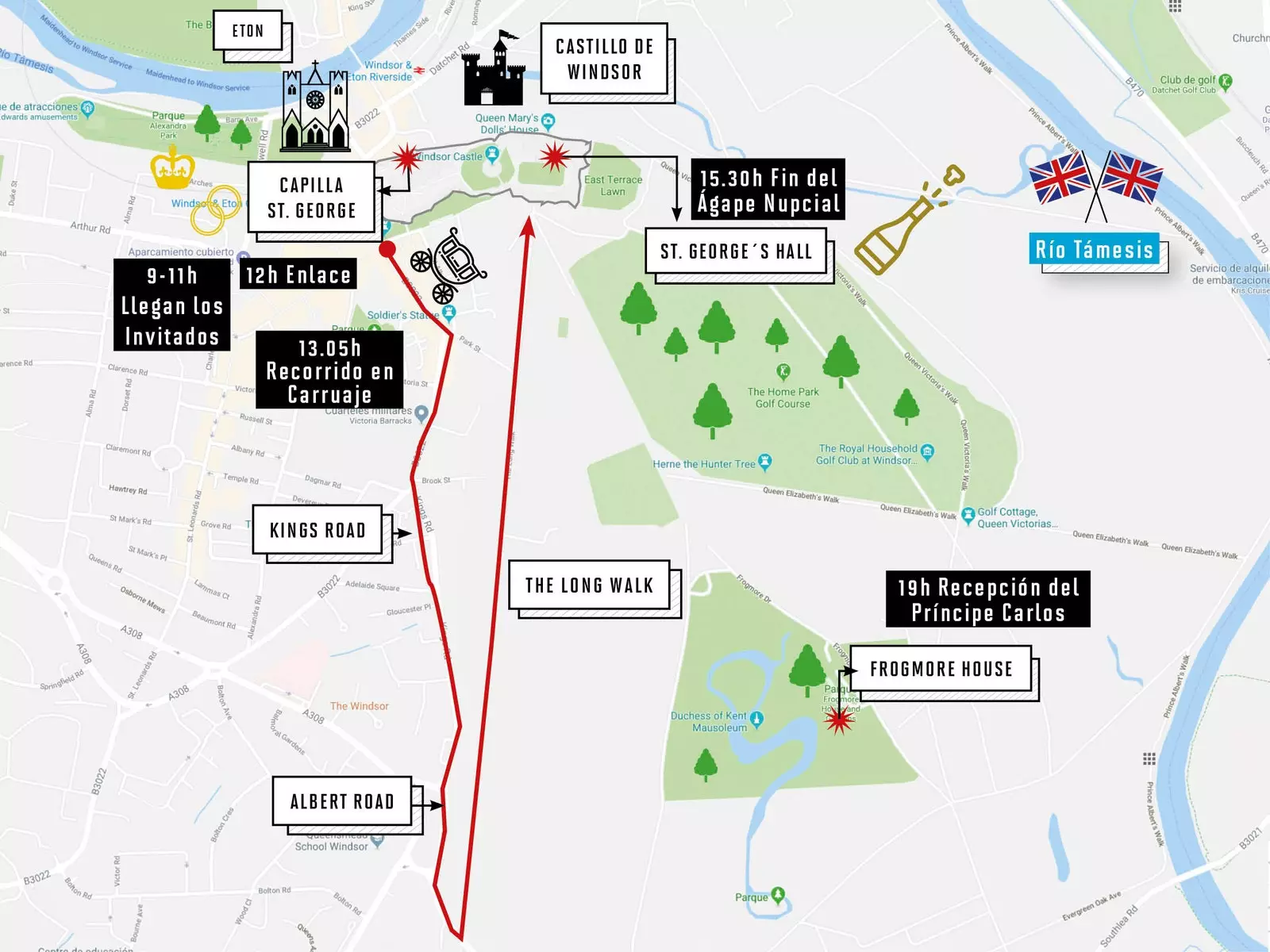 Anglická mapa a rozvrh svadobného dňa Meghan Markle a princa Harryho vo Windsore.