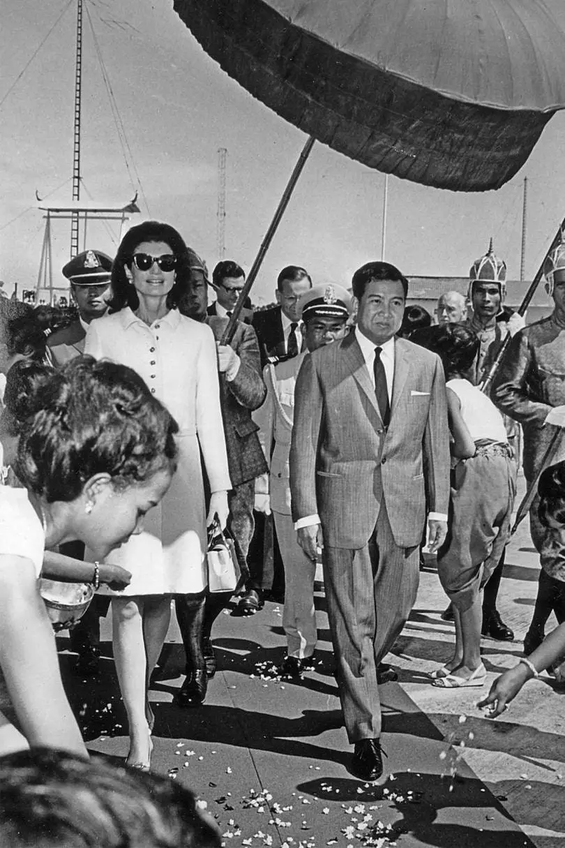 Prince Sihanouk welcoming Jackie Kennedy to Cambodia 1967