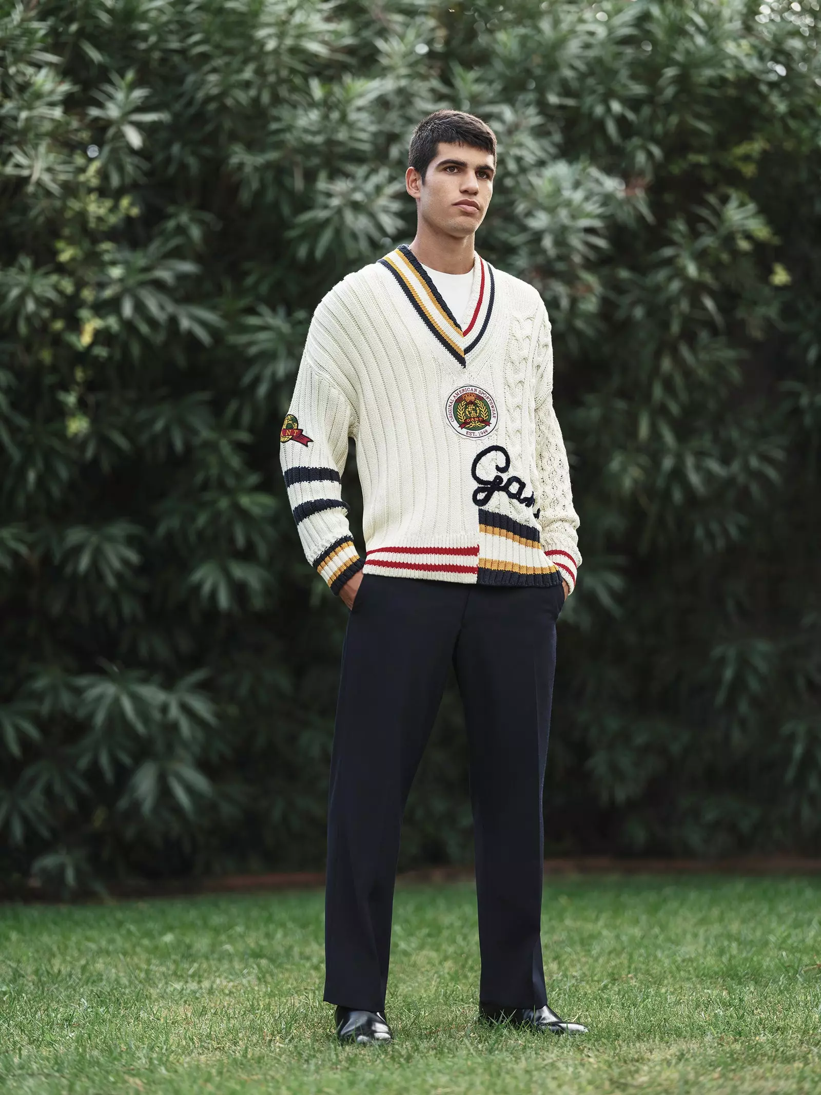 ON THE GRASS Jersey by Gant T-shirt by The Kooples pants by Dries Van Noten and ankle boots by Sandro. Alba styling...