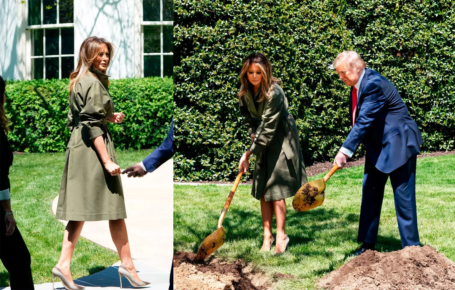 Melania Trump dengan sepatu Manolo Blahnik-nya menanam pohon di Gedung Putih.