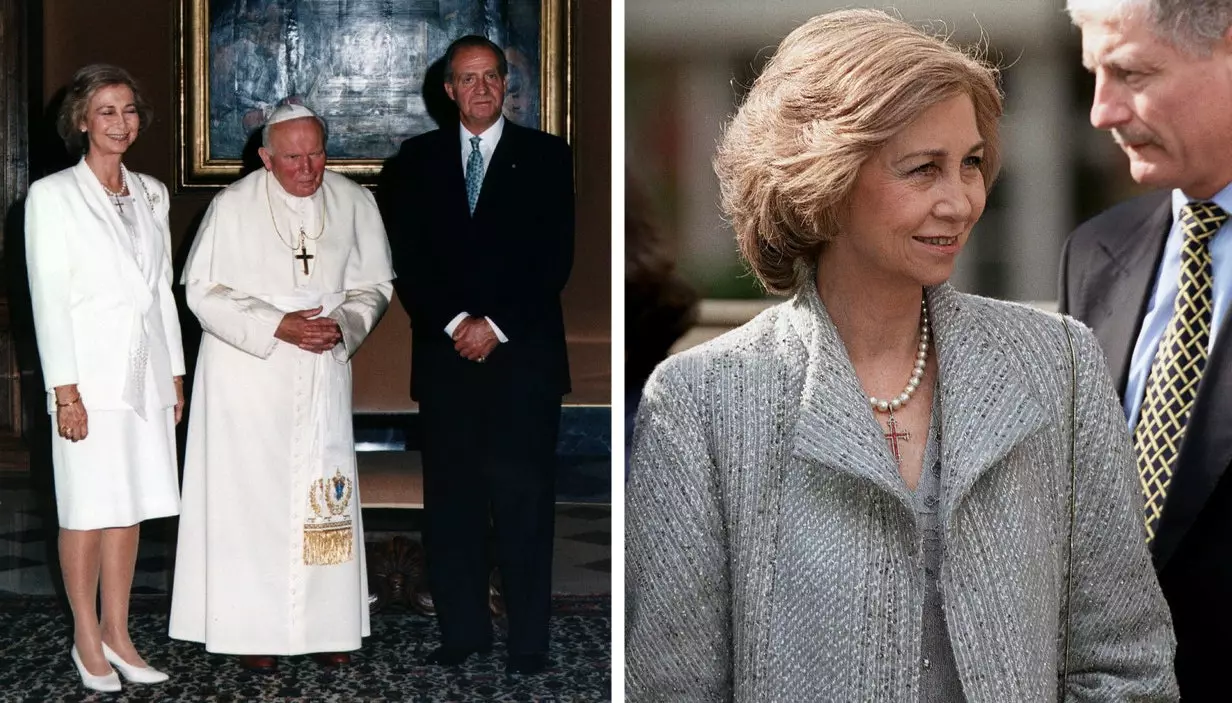 Don Juan Carlos és Doña Sofía II. János Pál pápával hivatalos római látogatásán 1998-ban Szófia királynő a...